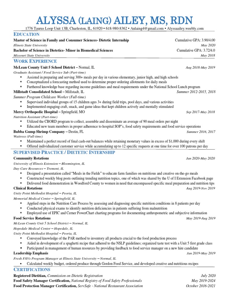 Alyssa Ailey Most Recent Updated Resume 2020 | PDF | Dietitian | Medicine