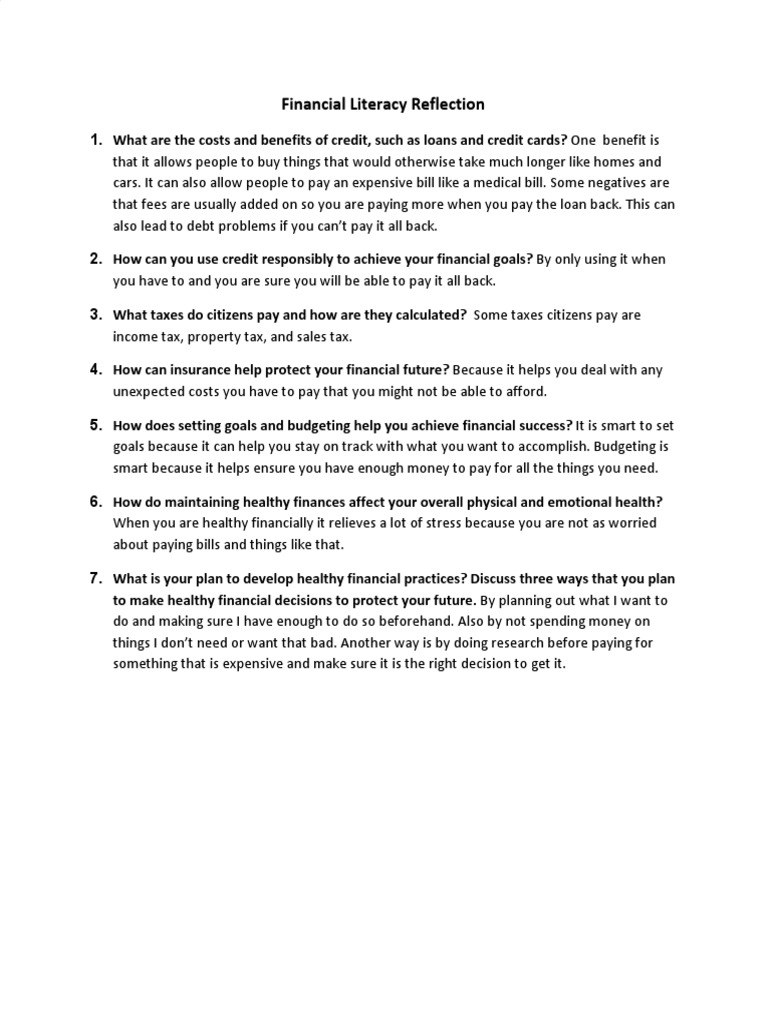 Financial Literacy Reflection | PDF