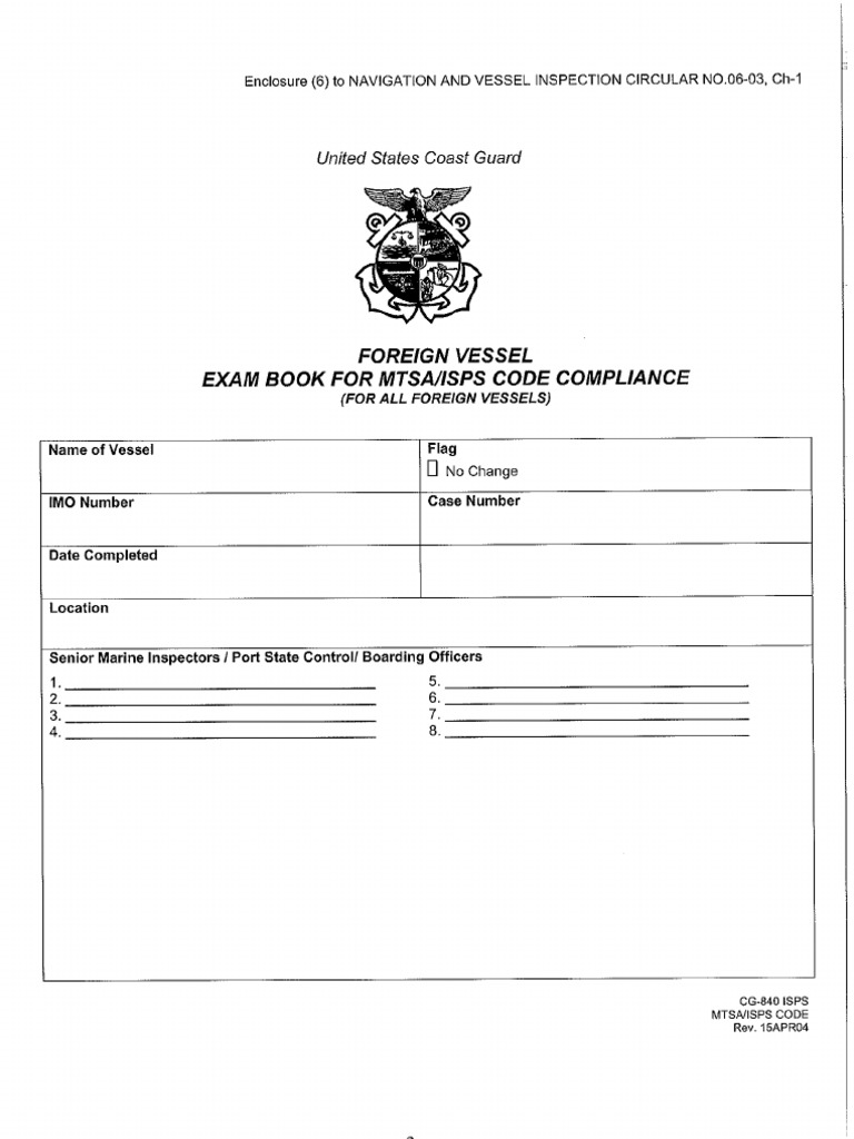 USCG Foreign Vessel Exam. Book For MTSA-ISPS Code Compliance | PDF