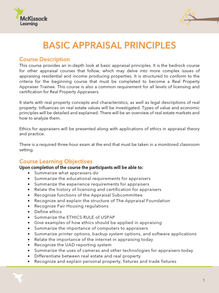 Basic Appraisal Principles: Course Description | PDF | Real Estate Appraisal | Mortgage Loan