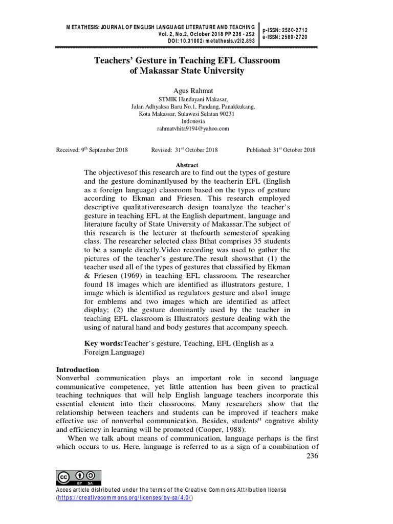 Teachers Gesture in Teaching EFL Classroom of Mak | PDF | Nonverbal ...