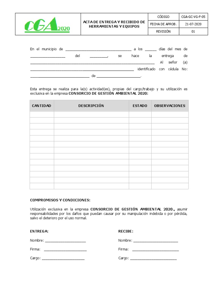 FORMATO ACTA DE ENTREGA y RECIBIDO | PDF