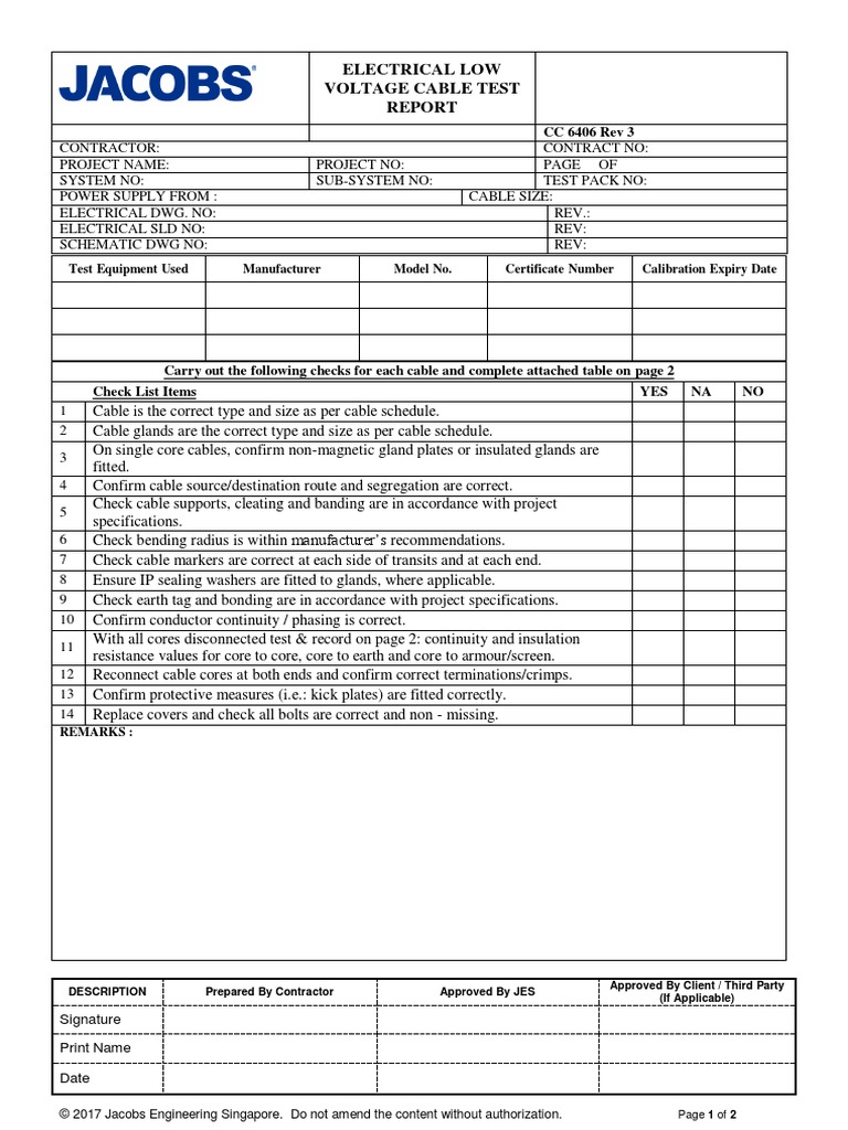 CC 6406 - ELECTRICAL LOW VOLTAGE CABLE TEST REPORT - Rev 3 | PDF ...