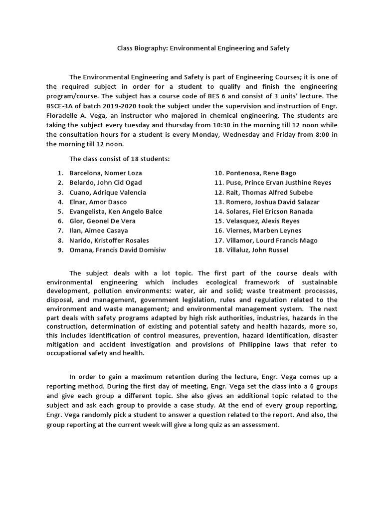 Class Biography (Safety) | PDF | Environmental Engineering ...