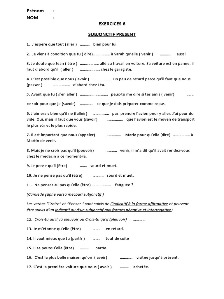 Exercices 6 (Subjonctif Present) | PDF | Échecs | Jeux et activités