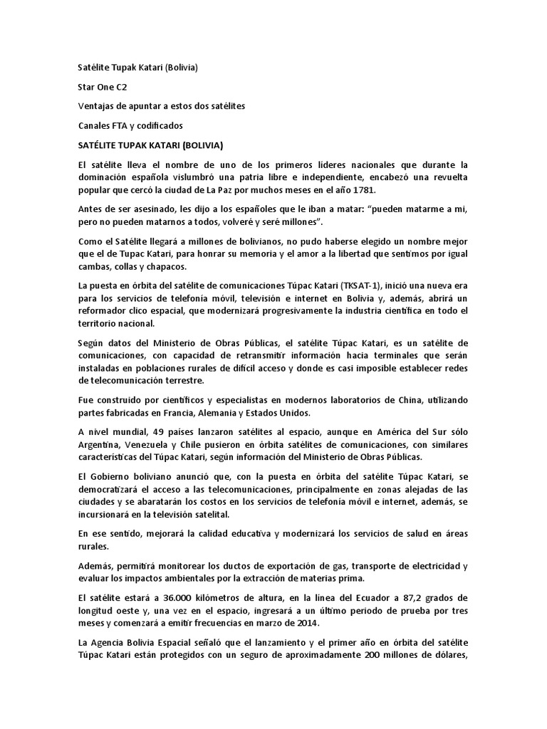 Satélite Tupak Katari | Descargar gratis PDF | Televisión via satélite ...