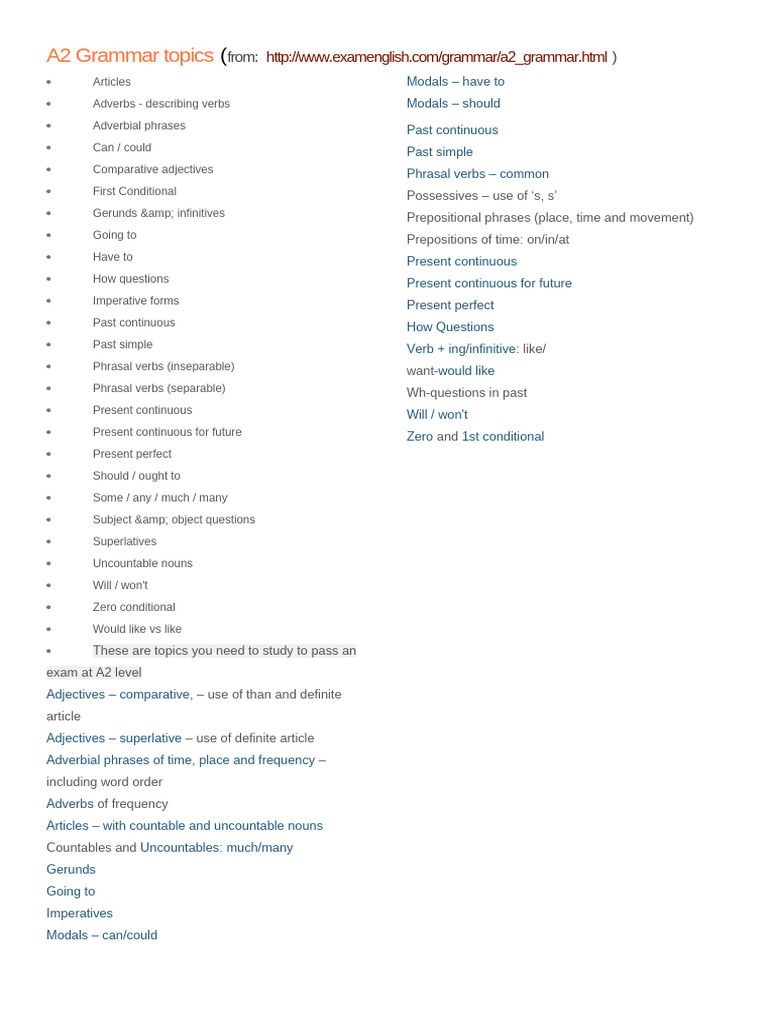A2 Grammar Topics: From:) | PDF