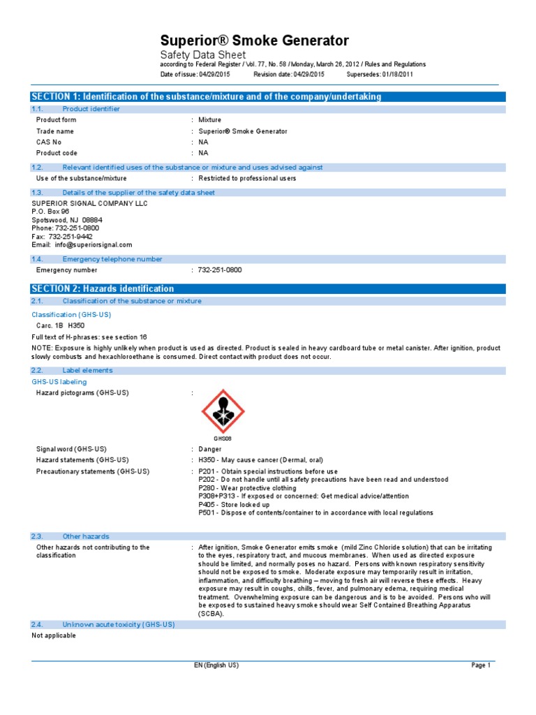 Msds Smoke Generator - 48265s | PDF | Firefighting | Toxicity