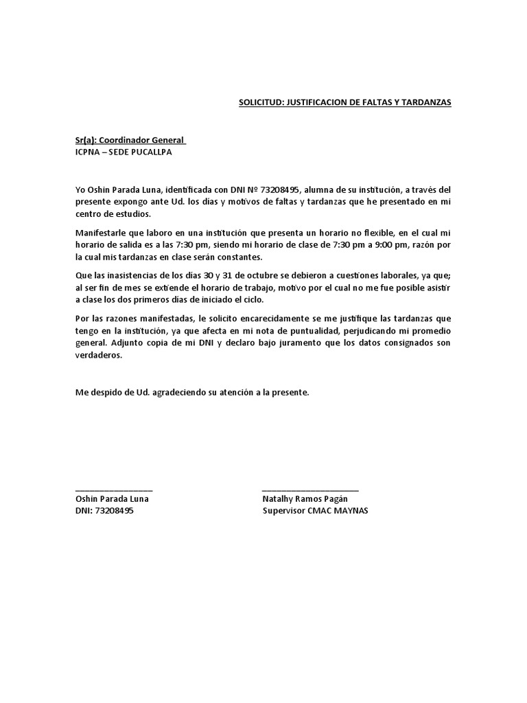 Ejemplo Justificacion de Tardanzas | PDF