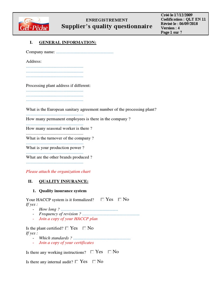 Supplier Quality Questionnaire Form | PDF | Laboratories | Business