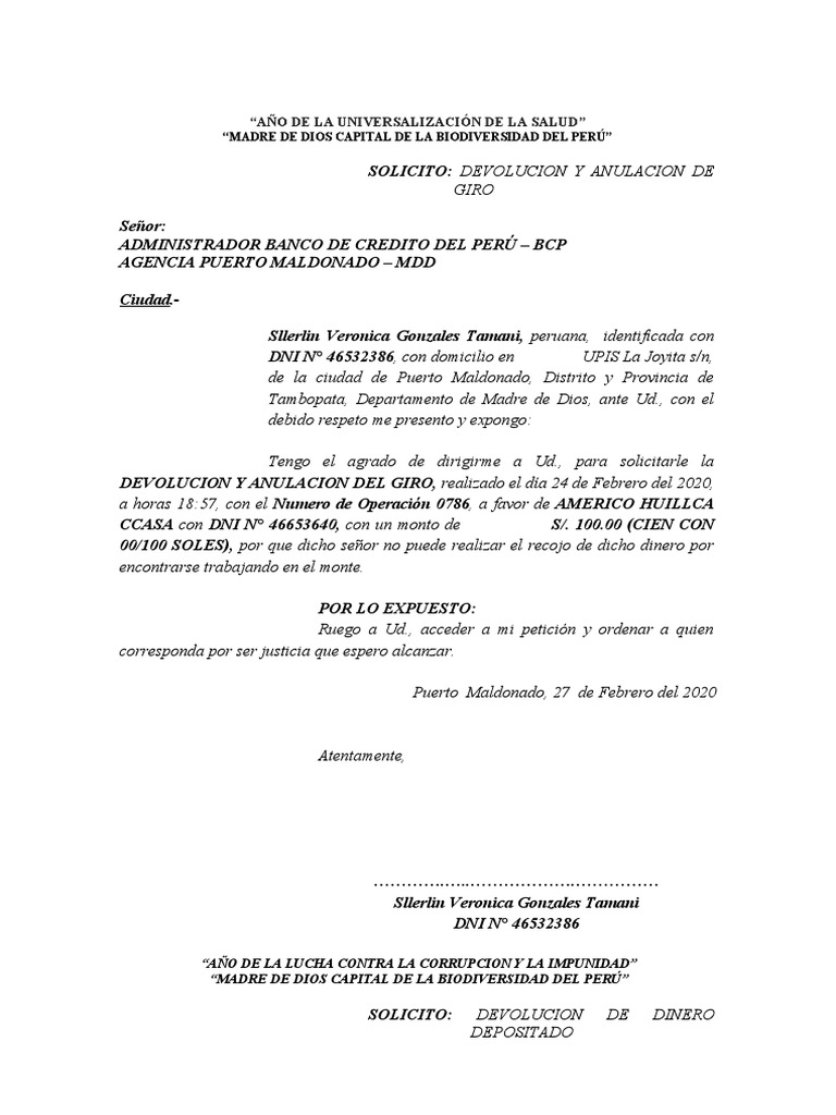 Solicito Devolucion de Dinero BCP | PDF | Perú | Bancario