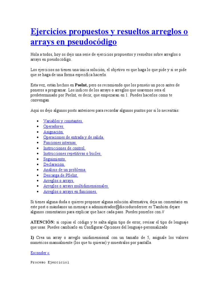Ejercicios Propuestos y Resueltos Arreglos o Arrays en Pseint | PDF ...