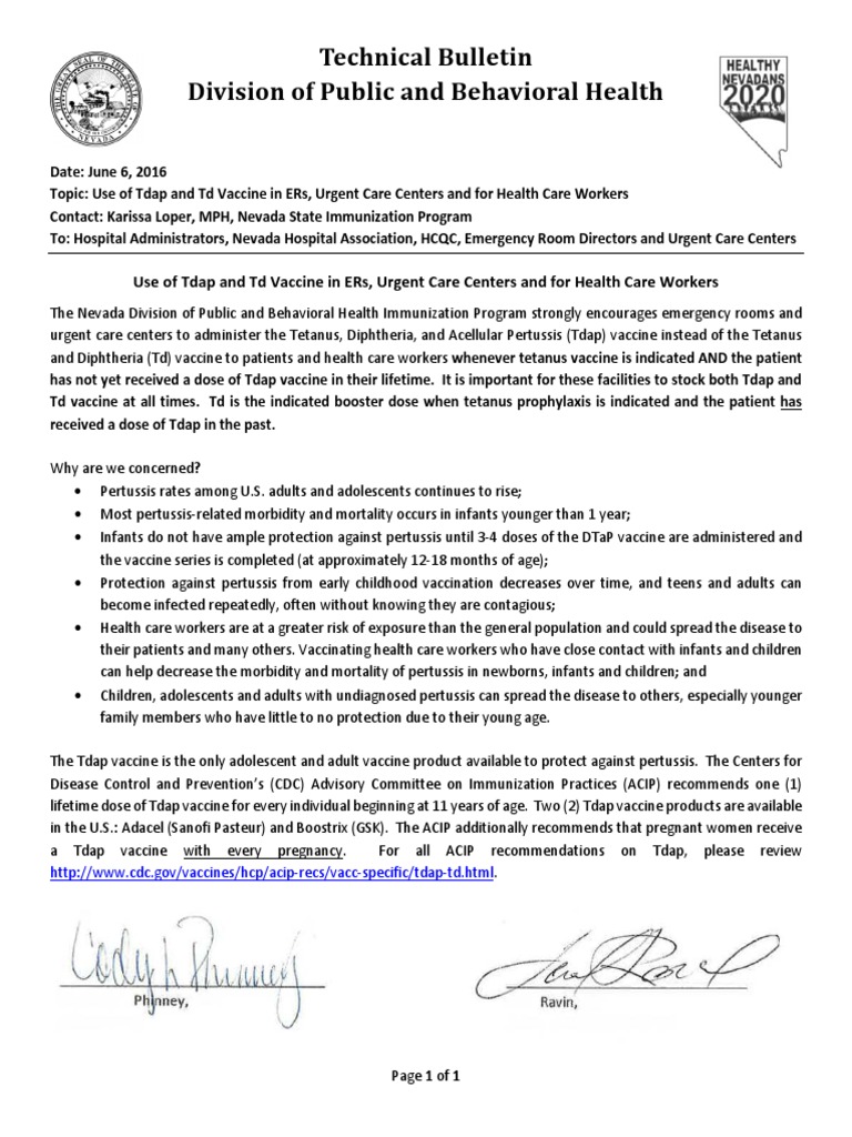 DPBH Technical Bulletin 06-06-16 - Use of Tdap and TD Vaccine | PDF ...