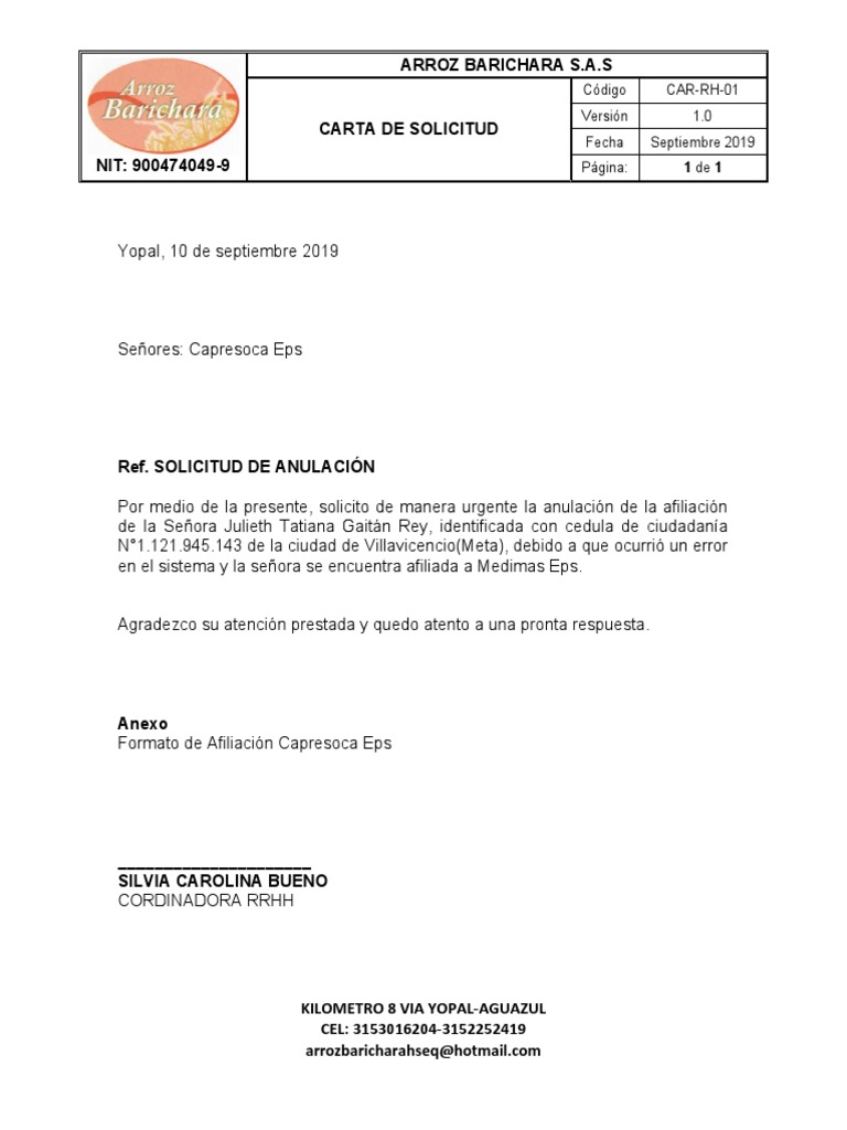 Carta Solicitud Anulacion | PDF