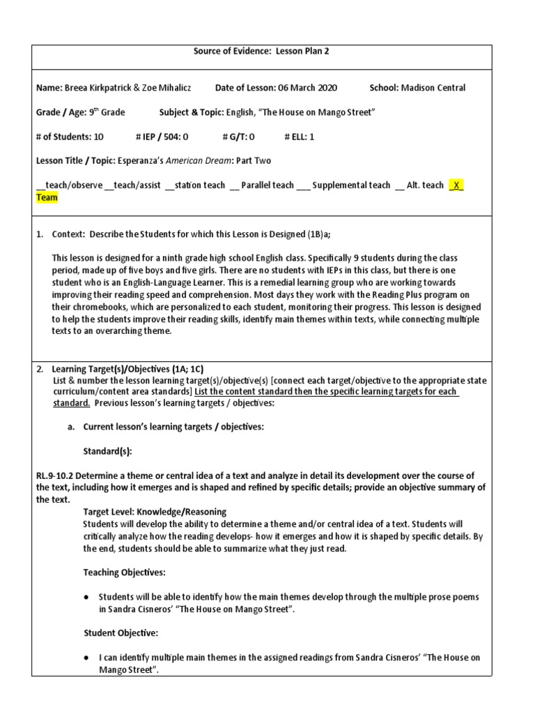 Lesson Plan: The House On Mango Street | PDF | Stereotypes | Reading ...