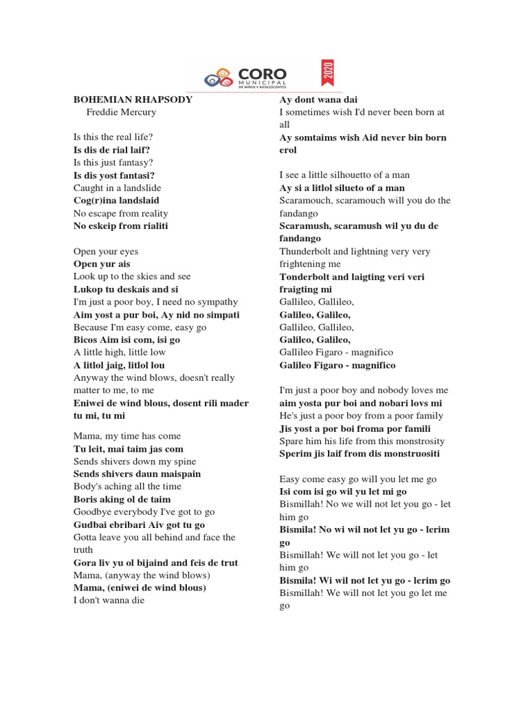 BOHEMIAN RHAPSODY - Letra y Pronunciación | PDF