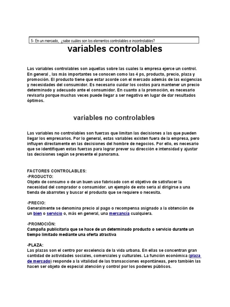 Variables Controlables e Incontrolables en Marketing | PDF | Precios ...