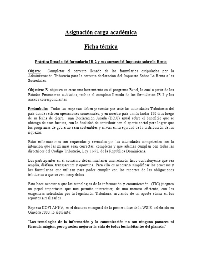 09 Ficha Tecnica para Llenado Del IR-2 y Sus Anexos | PDF | Impuestos ...