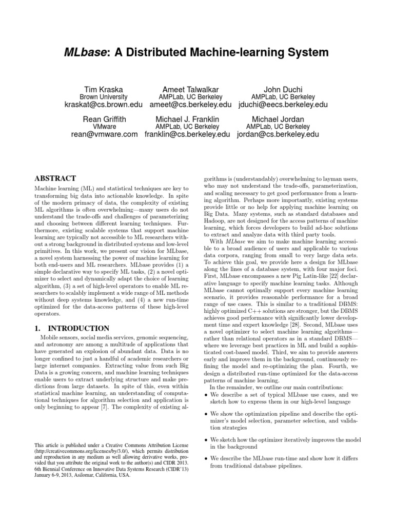 Mlbase: A Distributed Machine-Learning System | PDF | Machine Learning | Databases