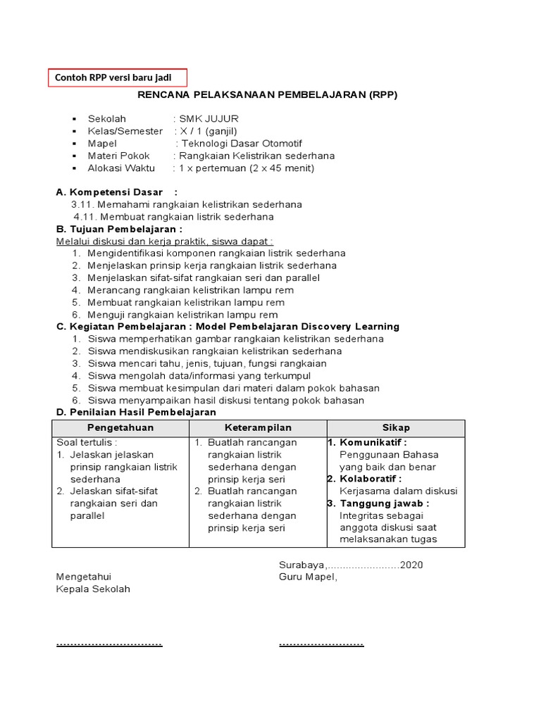 Contoh RPP 1 Lembar | PDF