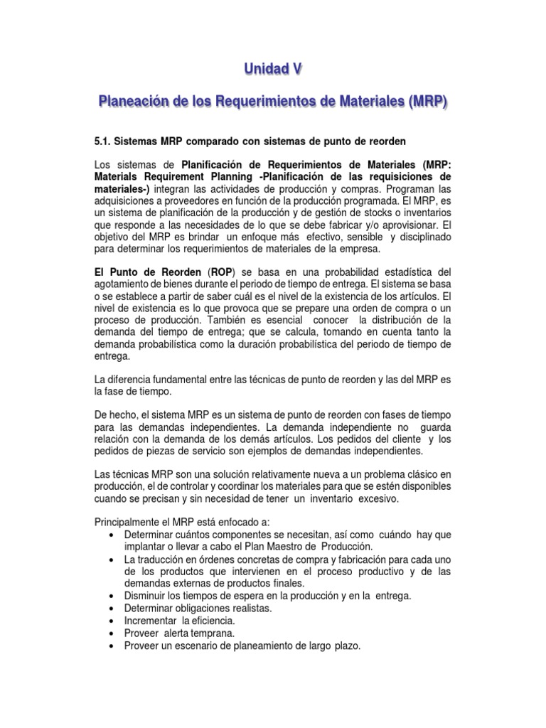 Unidad V - Planeacion - Req de Materiales - MRP - M | PDF | Inventario | Demanda