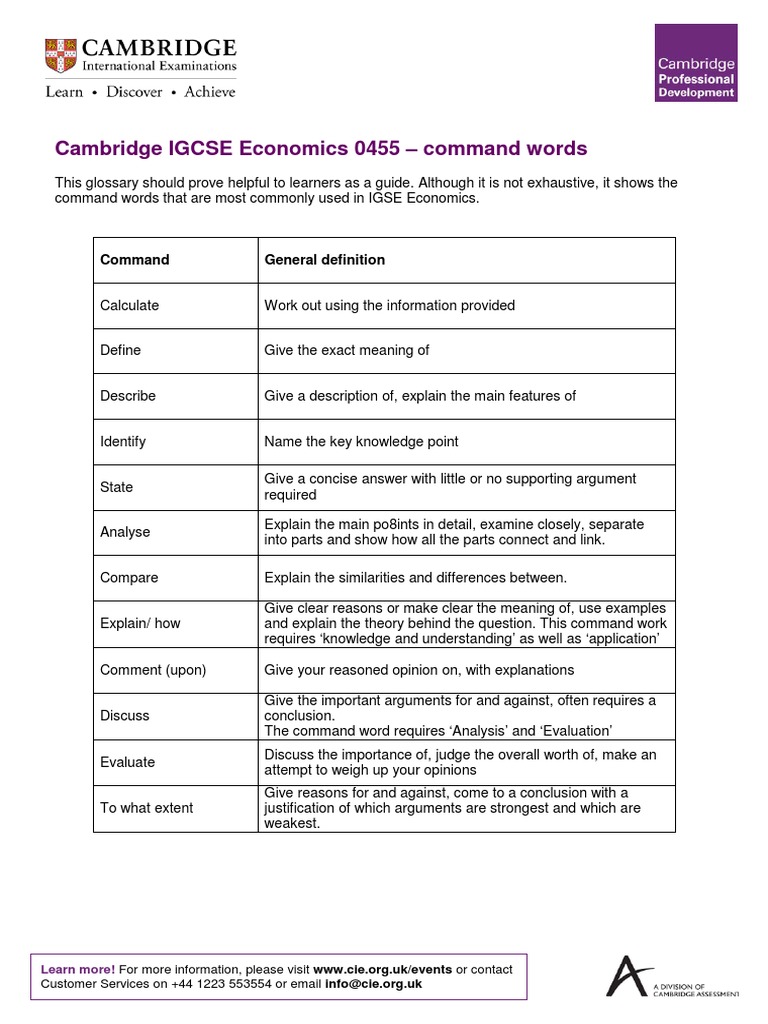 Cambridge IGCSE Economics 0455 - Command Words | PDF