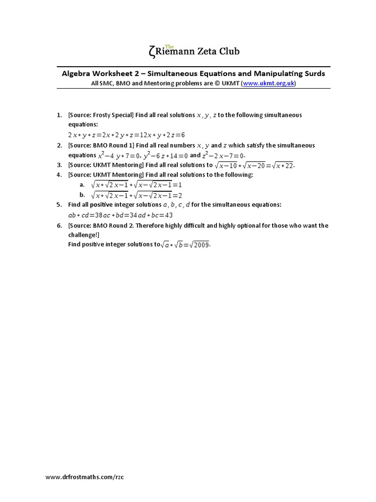 RZC Algebra Worksheet2 | PDF | Square Root | Equations