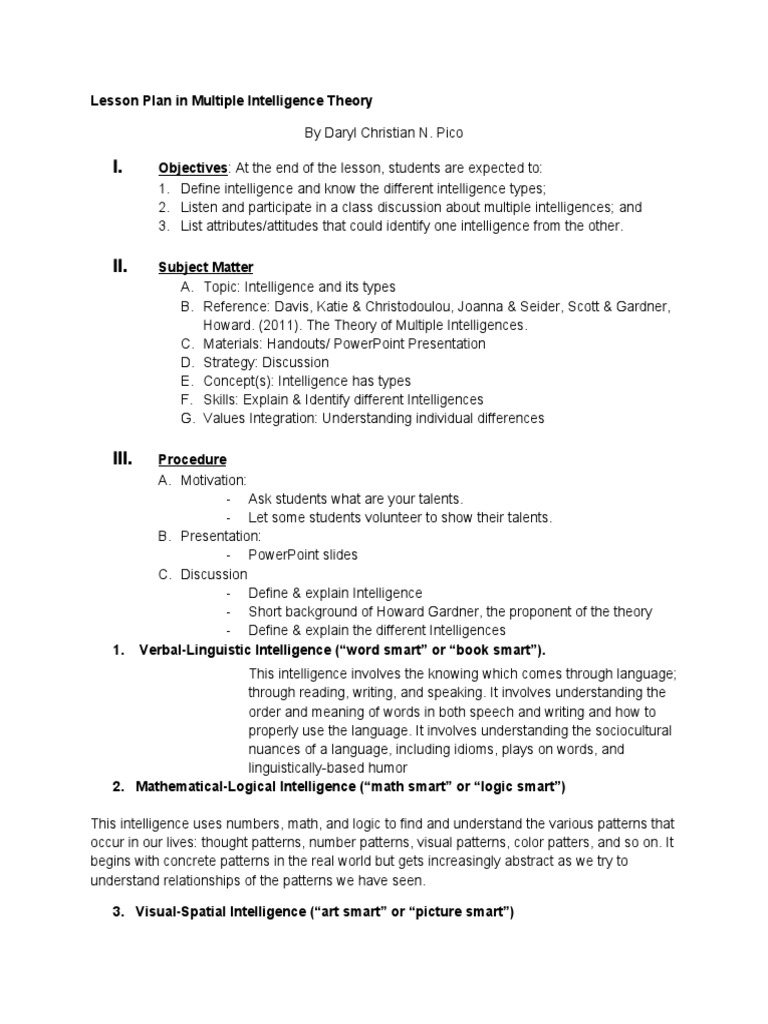 Lesson Plan. Multiple Intelligence Theory | PDF | Intelligence | Rhythm
