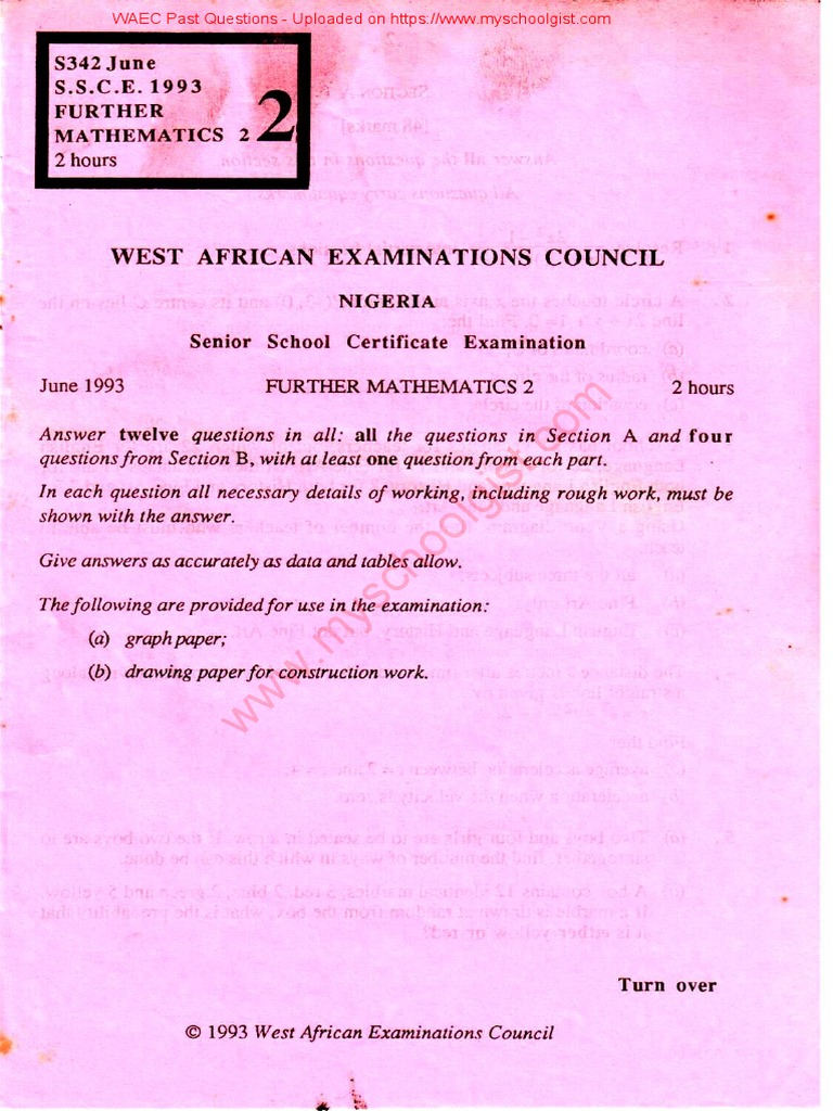 WAEC Further Mathematics Past Questions | PDF