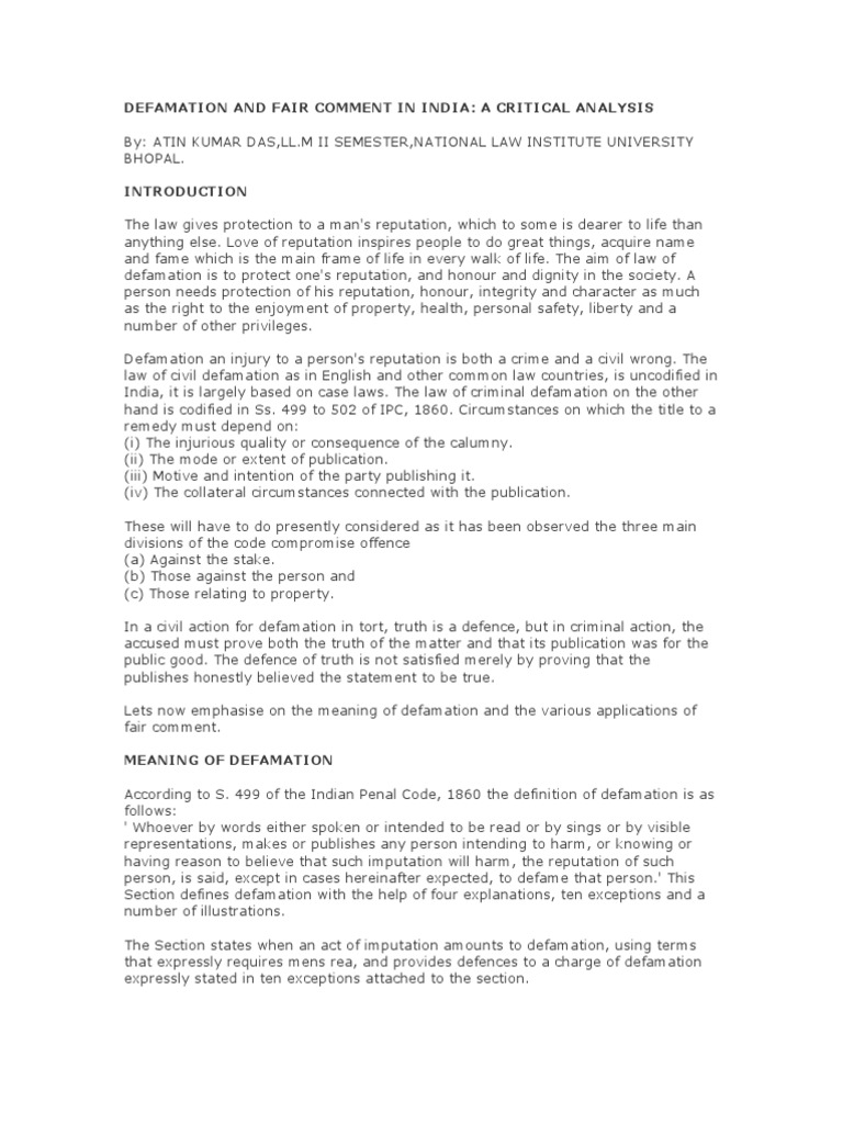 Defamation and Fair Comment in India | PDF | Defamation | Mens Rea