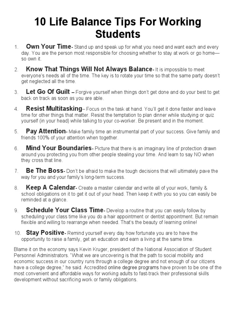 Life Balance Tips for Working Students | PDF