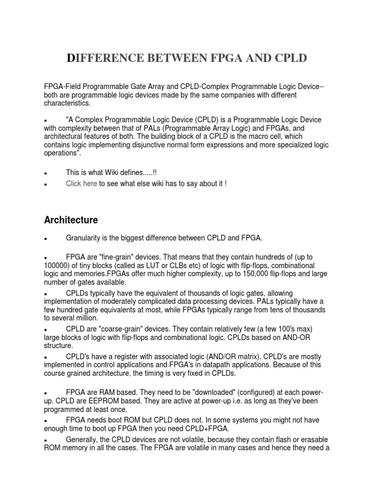 Ifference Between Fpga and CPLD: Architecture | PDF | Field ...