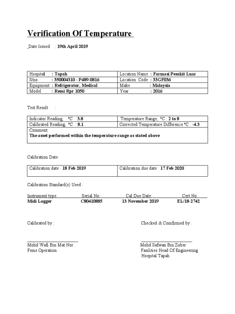 Verification of Temperature: The Asset Performed Within The Temperature ...
