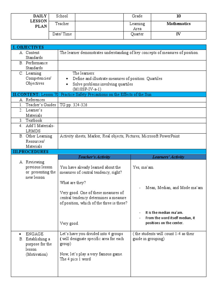 Measures of Position: Finding Quartiles from Student Data | PDF ...