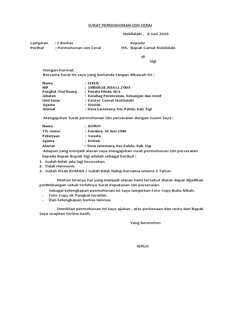 Contoh Surat Permohonan Izin Cerai | PDF