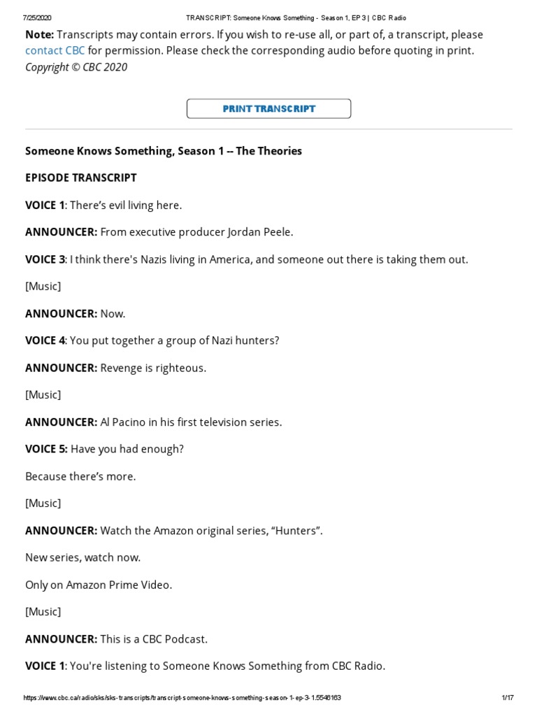 TRANSCRIPT Someone Knows Something Season 1, EP 3 CBC Radio | PDF