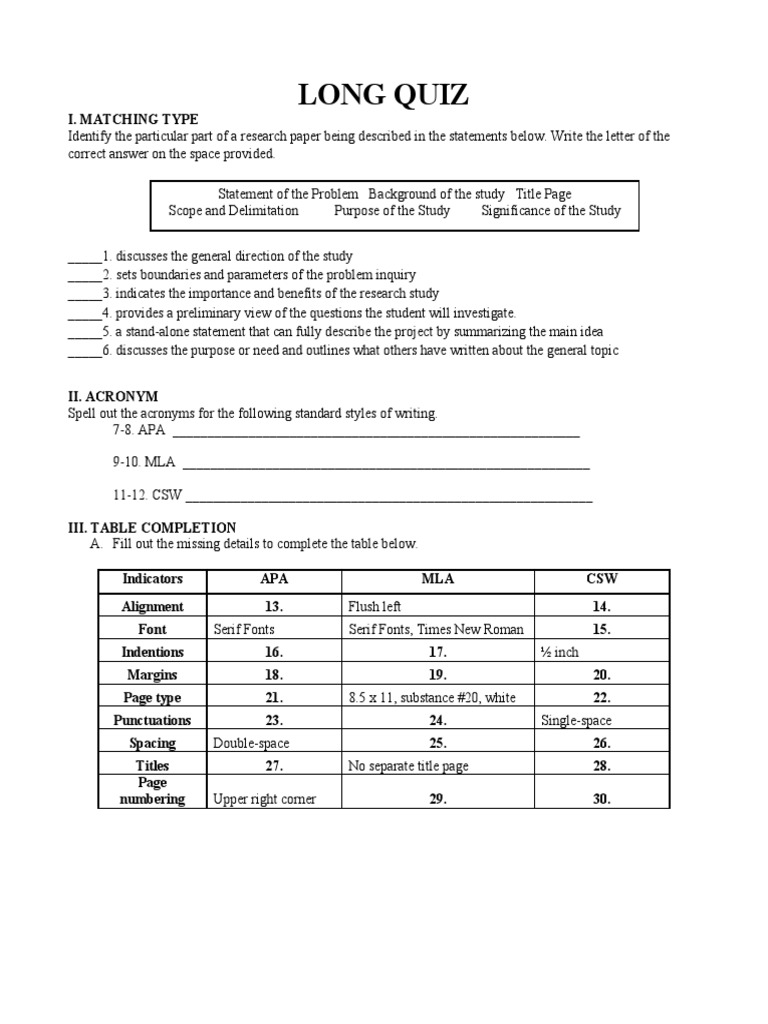 LONG QUIZ-parts of The Research Paper | PDF