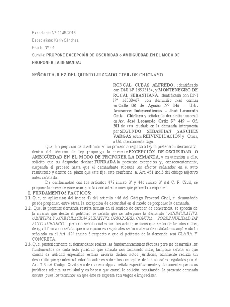 Modelo de Excepcion | PDF | Nulo (ley) | Demanda judicial