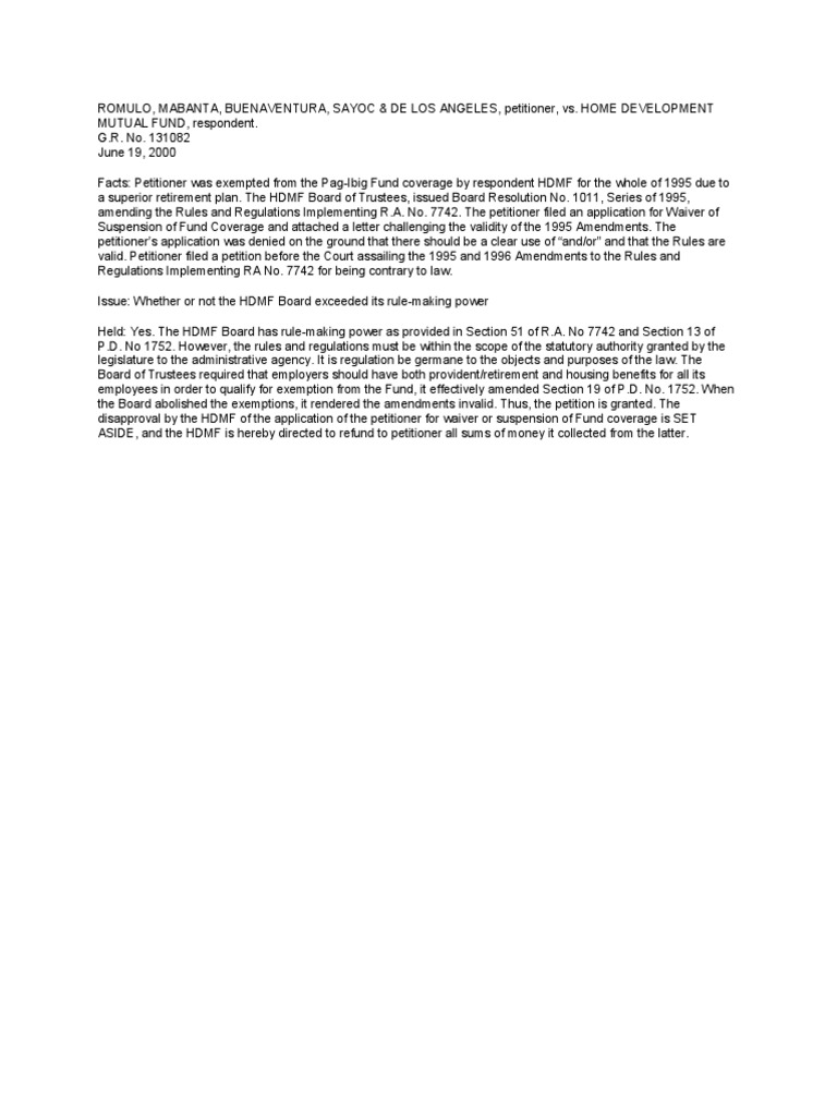 Romulo Mabanta Vs HDMF, GR No. 131082, June 19, 2000 | PDF
