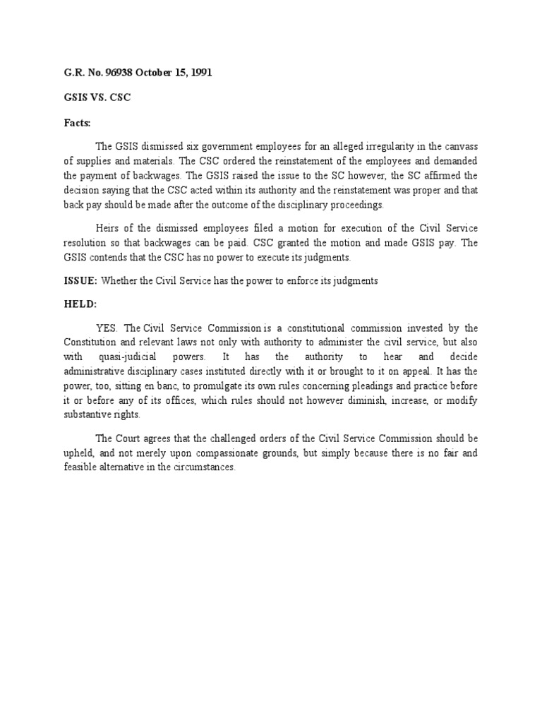 GSIS Vs CSC, 202 SCRA 799 | PDF