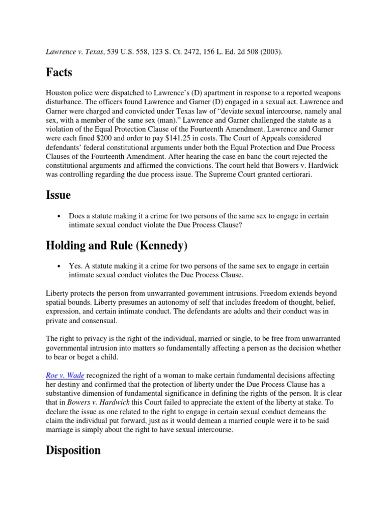 Lawrence v. Texas Case Brief | PDF | Lawrence V. Texas | United States ...