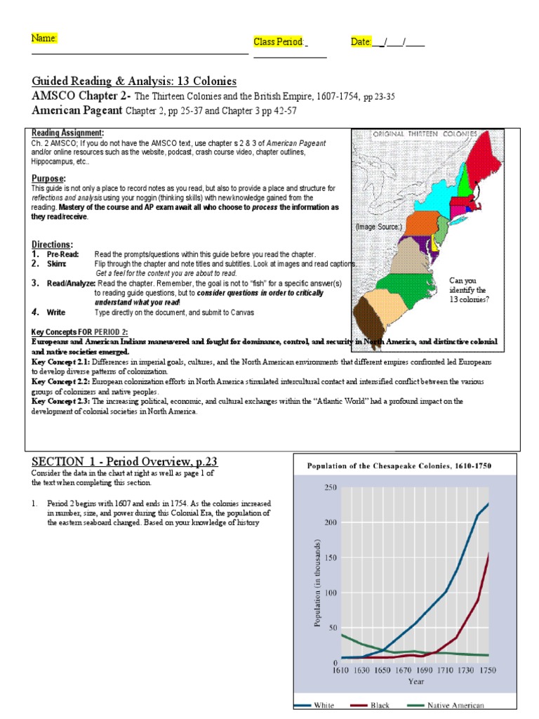 Guided Reading & Analysis: 13 Colonies AMSCO Chapter 2-American Pageant ...