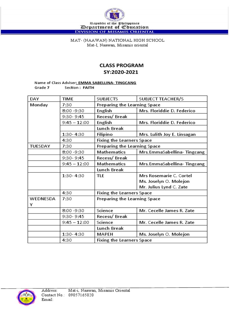 Class Program SY:2020-2021: Mat - (Naawan) National High School Mat-I, Naawan, Misamis Oriental ...