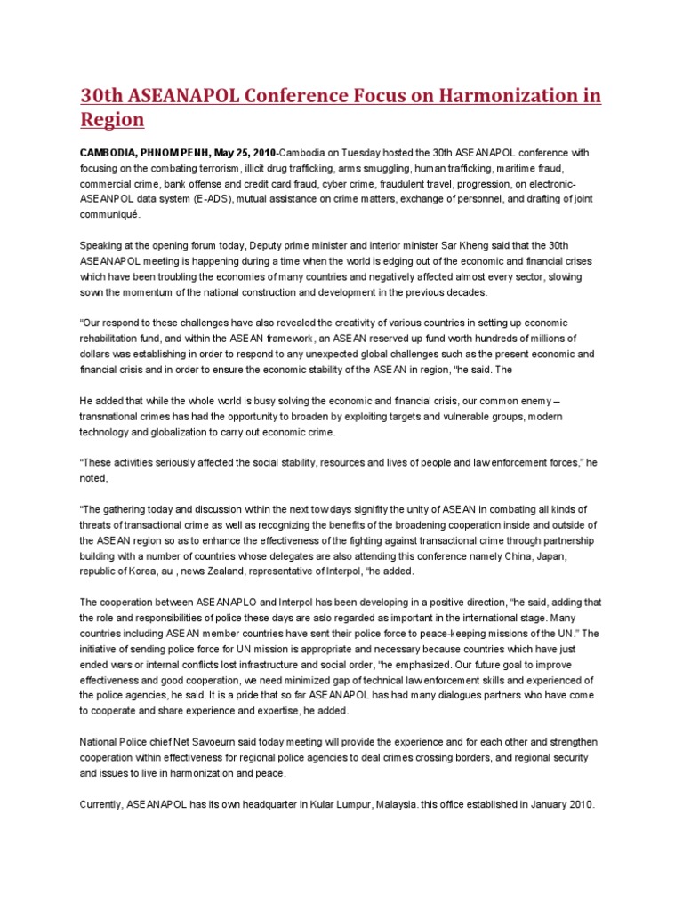 30th ASEANAPOL Conference Focus On Harmonization in Region | PDF | Law ...