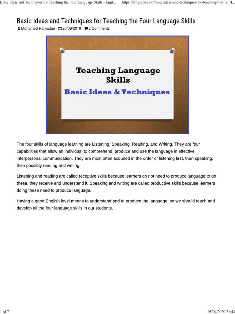 Basic Ideas and Techniques For Teaching The Four Language Skills ...