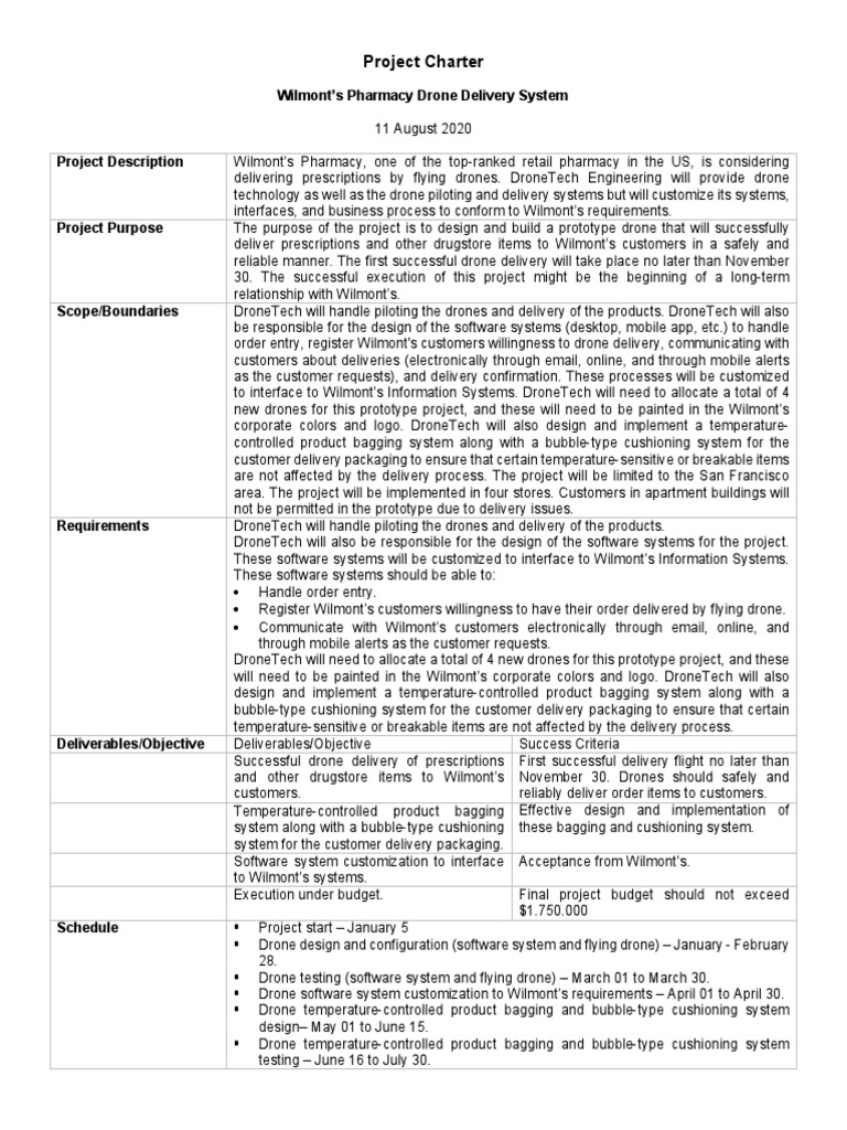 Project Charter: Wilmont's Pharmacy Drone Delivery System | PDF ...