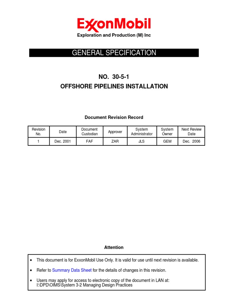 General Specification: NO. 30-5-1 Offshore Pipelines Installation | PDF ...