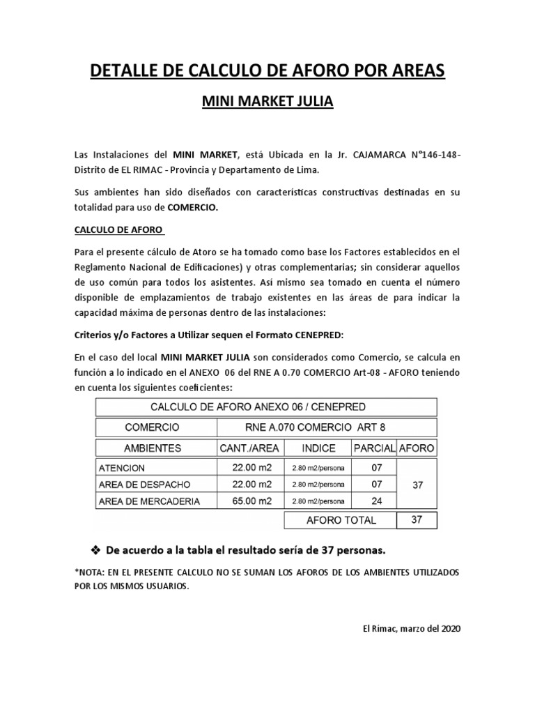 Detalle de Calculo de Aforo | PDF