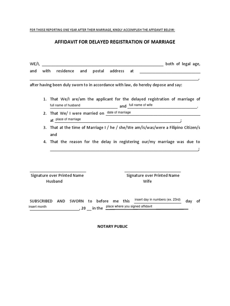 Affidavit For Delayed Registration of Marriage PDF | PDF | Social Science | Law