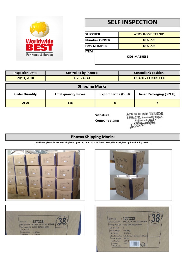 Quality Control Inspection Report for 2496 Kid's Mattresses from Atick ...